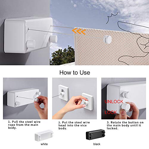Danpoo Retractable Clothesline, 13.8 Ft Stainless Steel Double Clothes line retracting Indoor, Heavy Duty Retractable Laundry Line Wall Mounted, White