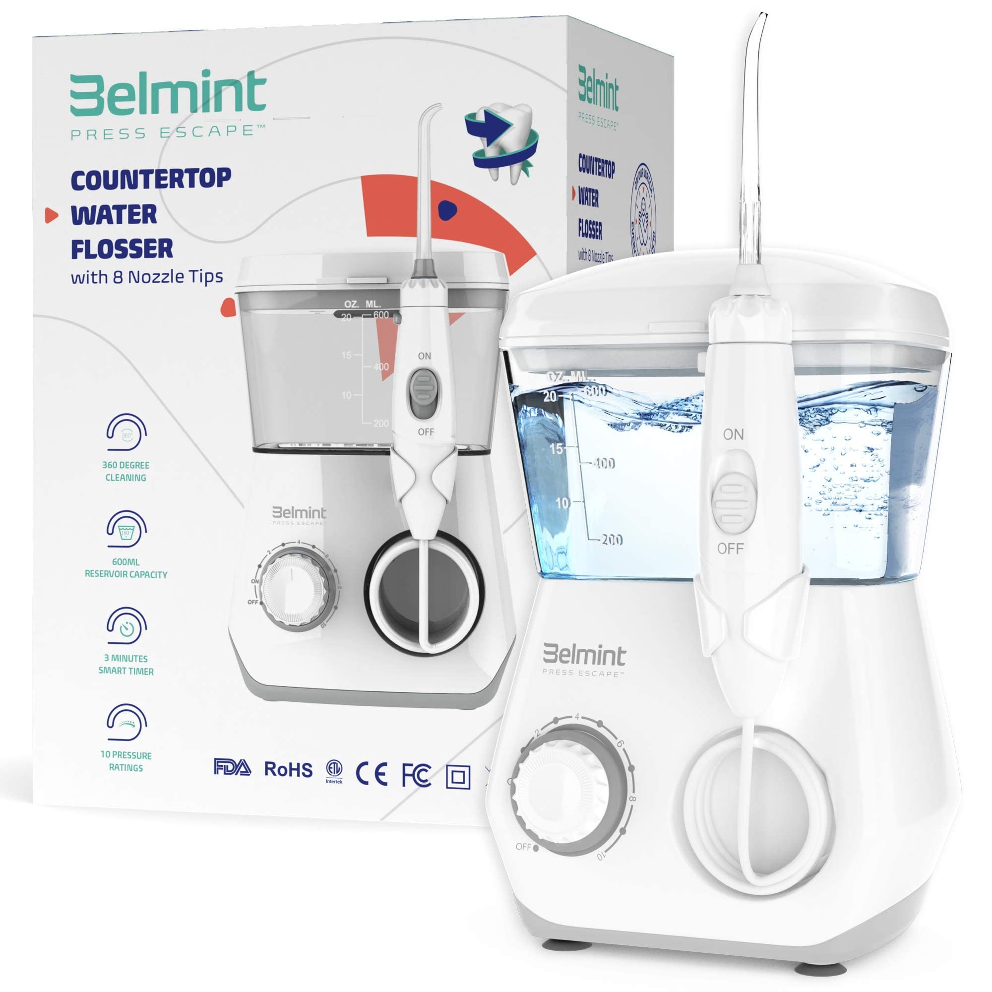 Water Flosser Teeth Cleaning - Countertop Oral Irrigator Teeth Cleaner for Braces & Bridges with 10 Adjustable Water Jet Pressures - 8 Multifunctional Tips, 600ml Capacity