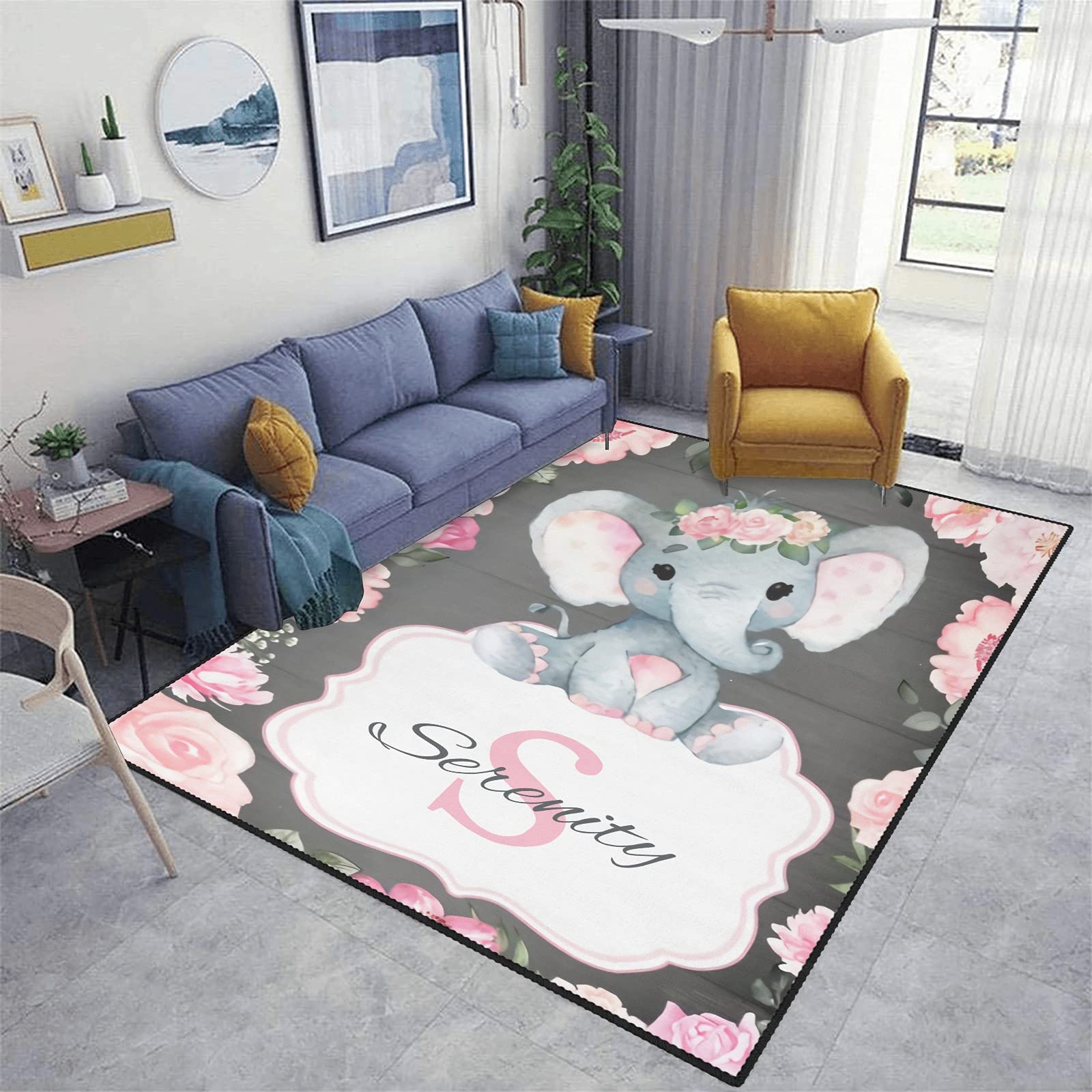 XOZOTY Custom Name Watercolor Elephant Pink Flower Area Rug Living Room Pad Nursery Kids Play Mat Entrance Exit Doormats 4'x5.2'