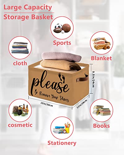 Please Remove Your Shoes Storage Basket Waterproof Cube Storage Bin Organizer with Handles, Farmhouse Brown Collapsible Storage Cubes Bins for Clothes Books Toys 15"x11"x9.5"