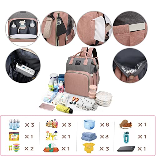 ANWTOTU Diaper Bag with Changing Station,Diaper Bag Backpack,7 in 1 Travel Baby Diaper Bag,Mommy Bag With USB Charging Port (Pink-Grey)