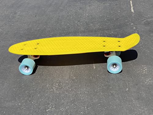 Yellow Skateboard with Blue Wheels Cruiser Board 22" Complete Board for Adult and Beginners AZM