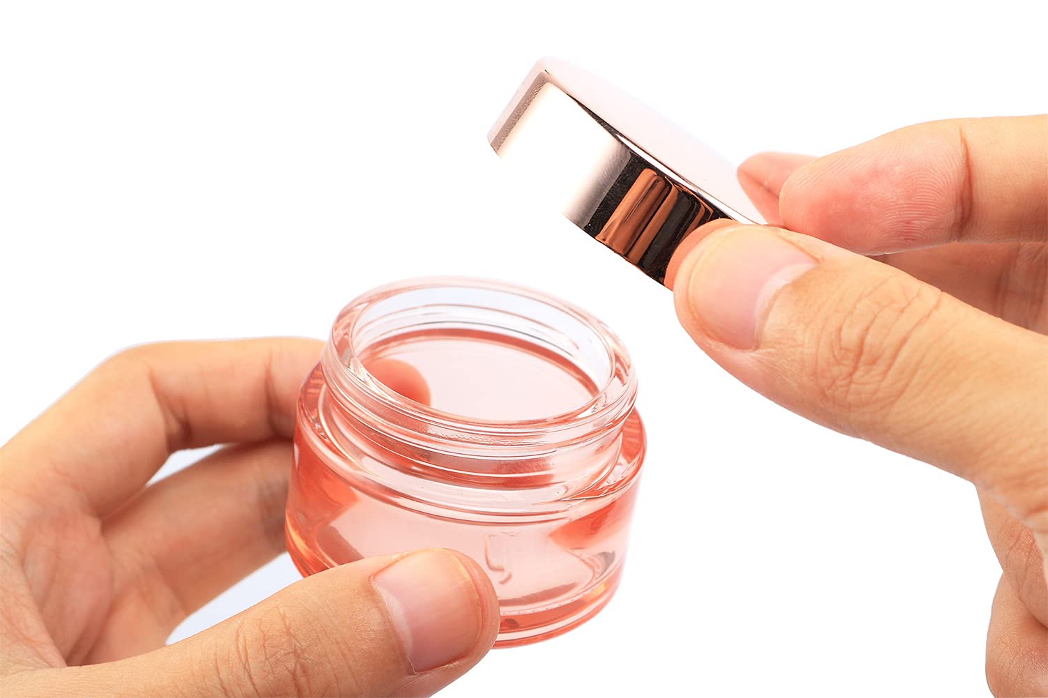 Furnido 4 Pack,1 oz/30ml Pink Glass Face Cream Jar Pot,Empty Thick Glass Cosmetic Cream Jar Container With Rose-Golden Cover,Inner Liners for Moisturizer,Eyeshadow,Makeup Emulsion