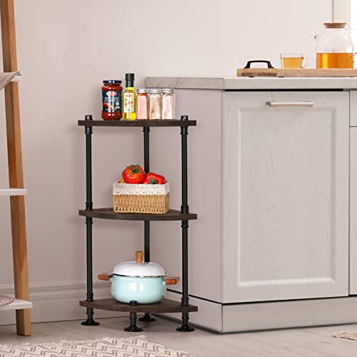 3 Tier Corner Shelf Stand Wood Corner Display Rack Small Industrial Corner Standing Storage Shelf Bookshelf Plant Stand for Small Space Bedroom Living Room Kitchen Brown