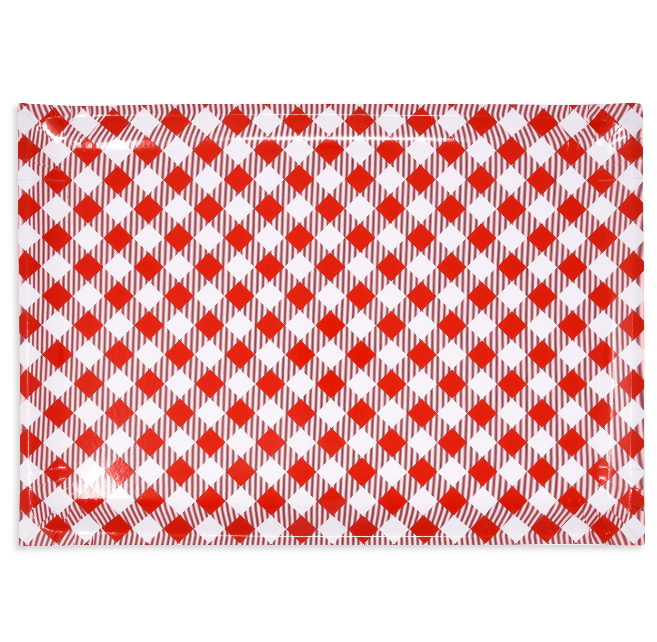 10 Disposable Red & White Gingham Serving Trays Large 10.75" X 15.75" Heavy Duty Rectangle Paper Cardboard BBQ Tray for Dessert Platter Cupcake Display Birthday Party Tableware Supplies