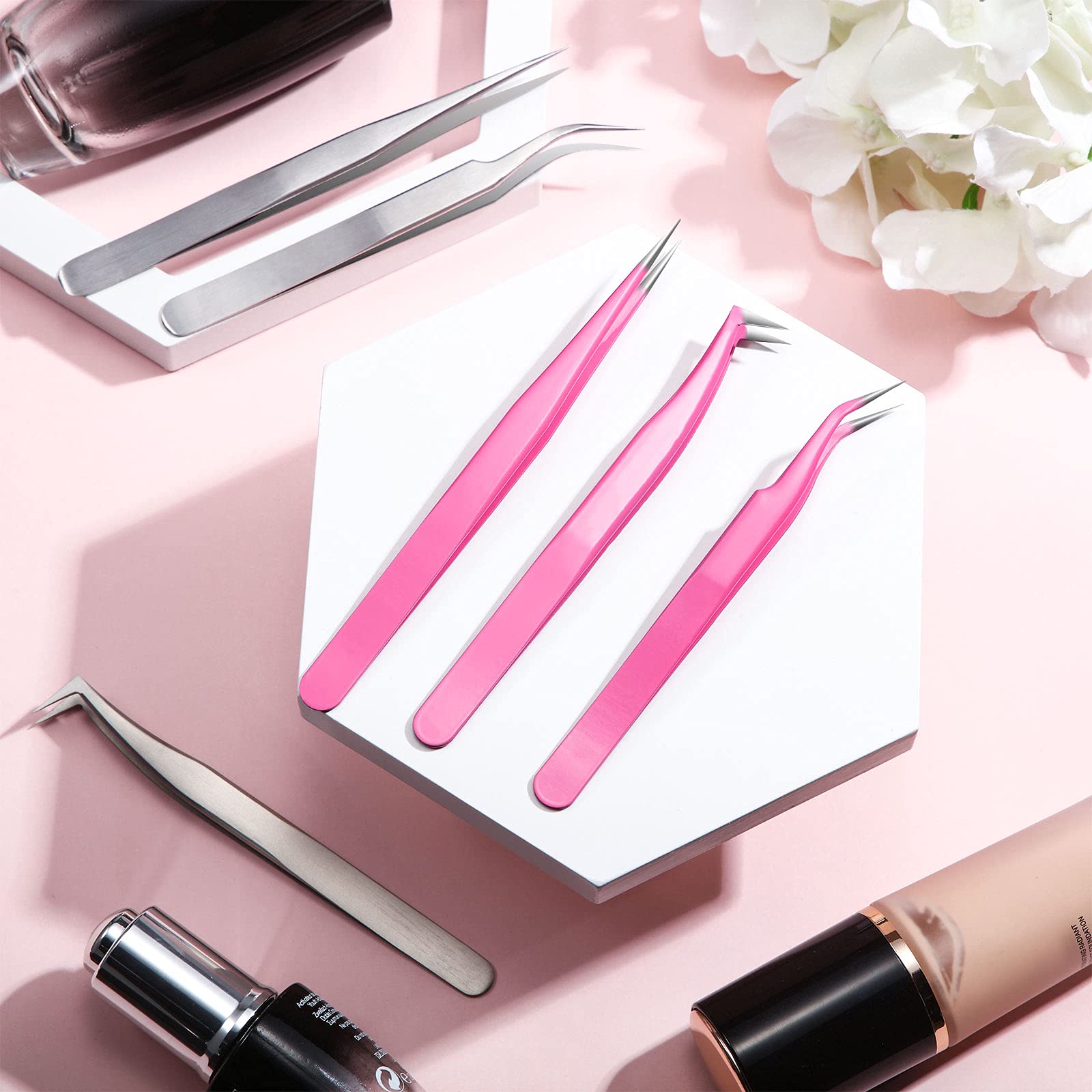 Honoson 6 Pieces Lash Eyelash Extension Tweezers Set Stainless Steel Eyelash Tweezers Straight and Curved Tip Tools Set Tweezers Nipper for Women Eyelash Extensions(Silver, Pink)