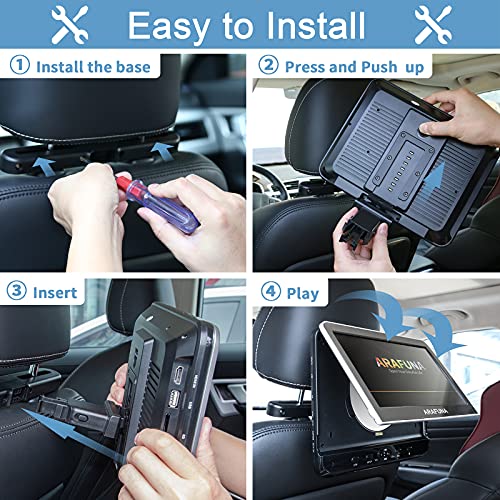 10.1" Car DVD Player with Headrest Mount, ARAFUNA Headrest DVD Player with Headphone, HDMI Input, 1080P Video Support, Clamshell Design & Bottom Speakers, AV in/Out, USB/SD, Regions Free, Last Memory
