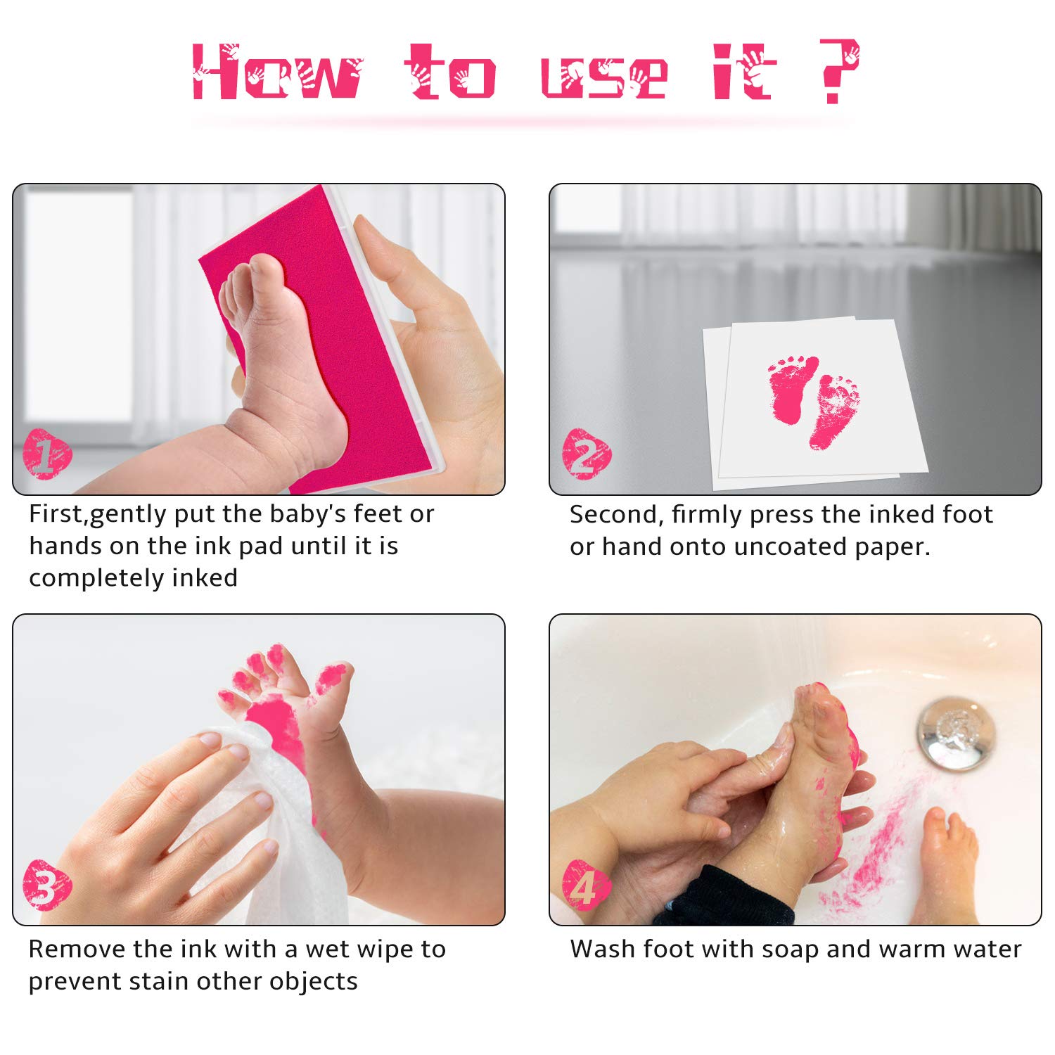 Ink Pad, 5x4'' Washable Non-Toxic Ink Stamp Pad for Baby Footprint Handprint, Pink