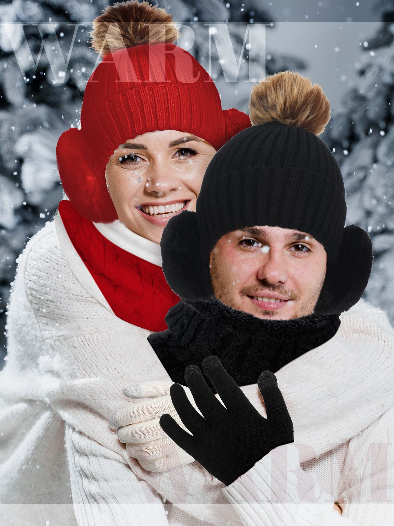 10 Pcs Winter Hat Scarf Gloves Warm Knitted Hat Scarf Touchscreen Gloves Earmuffs Socks Satin Inner Lining Knit Hat for Women and Men (Black, Wine Red)