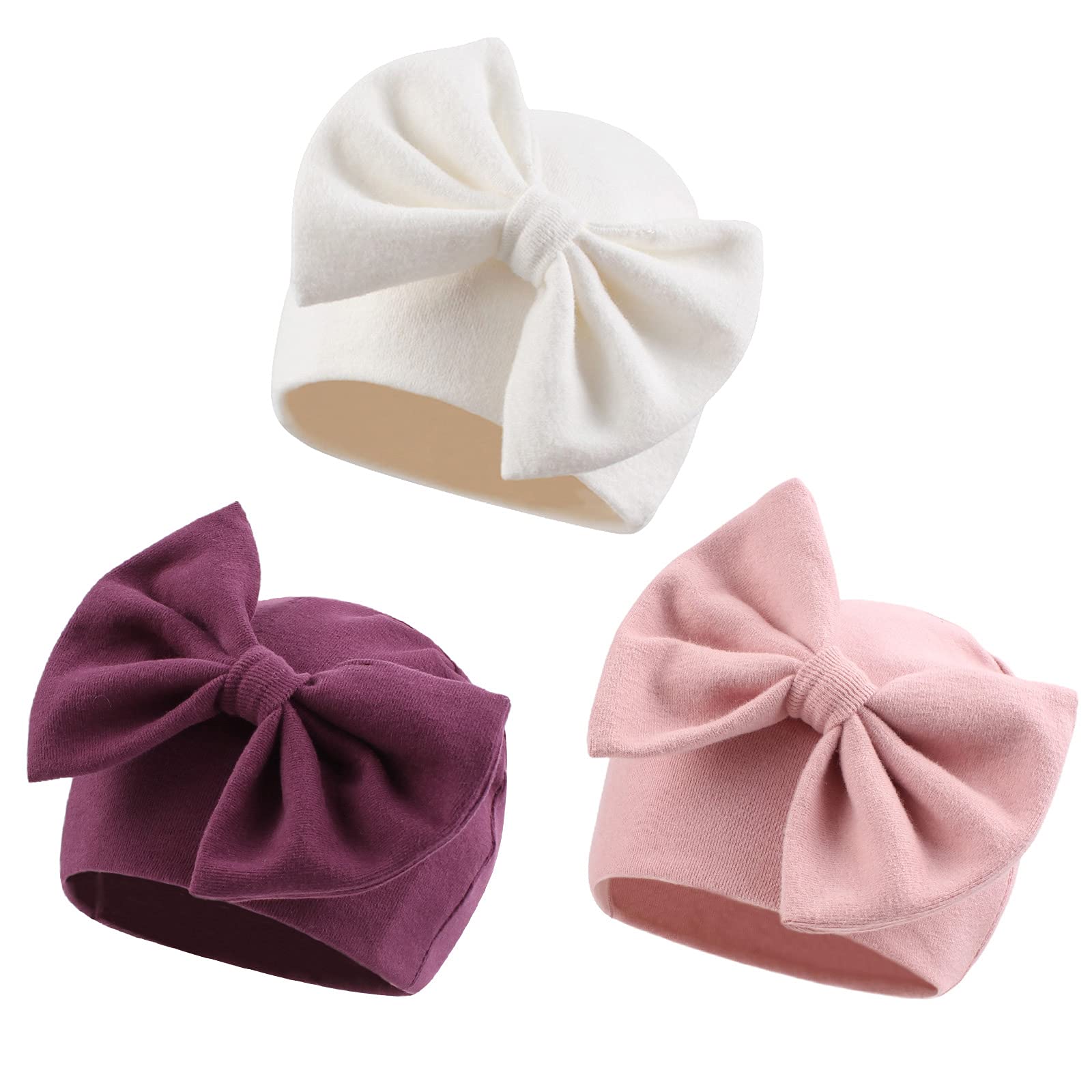 Newborn Baby Girl Hat Cotton Baby Bow Beanie Preemie Hats Spring Infant Hats for Girls 0-12 Months (Skin Pink+Deep Purple+White, 0-6 Months)