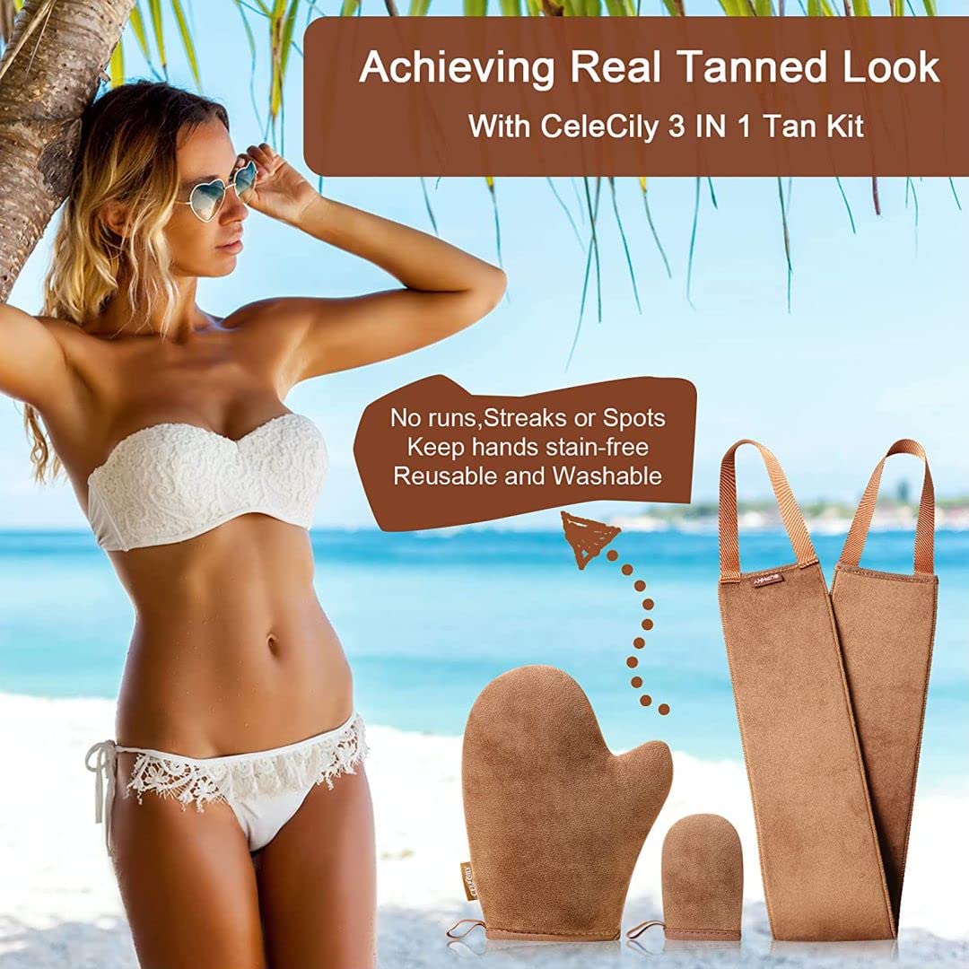 CeleCily Self Tanning Mitt Applicator - 3 in 1 Tanning Mitts Self Tanner Mitt Applicator Self Tanning Glove for Self Tan Mit Sunless Tanner Mitt Self Tanner Glove With Thumb Ultra Soft Spray Tan Mitt