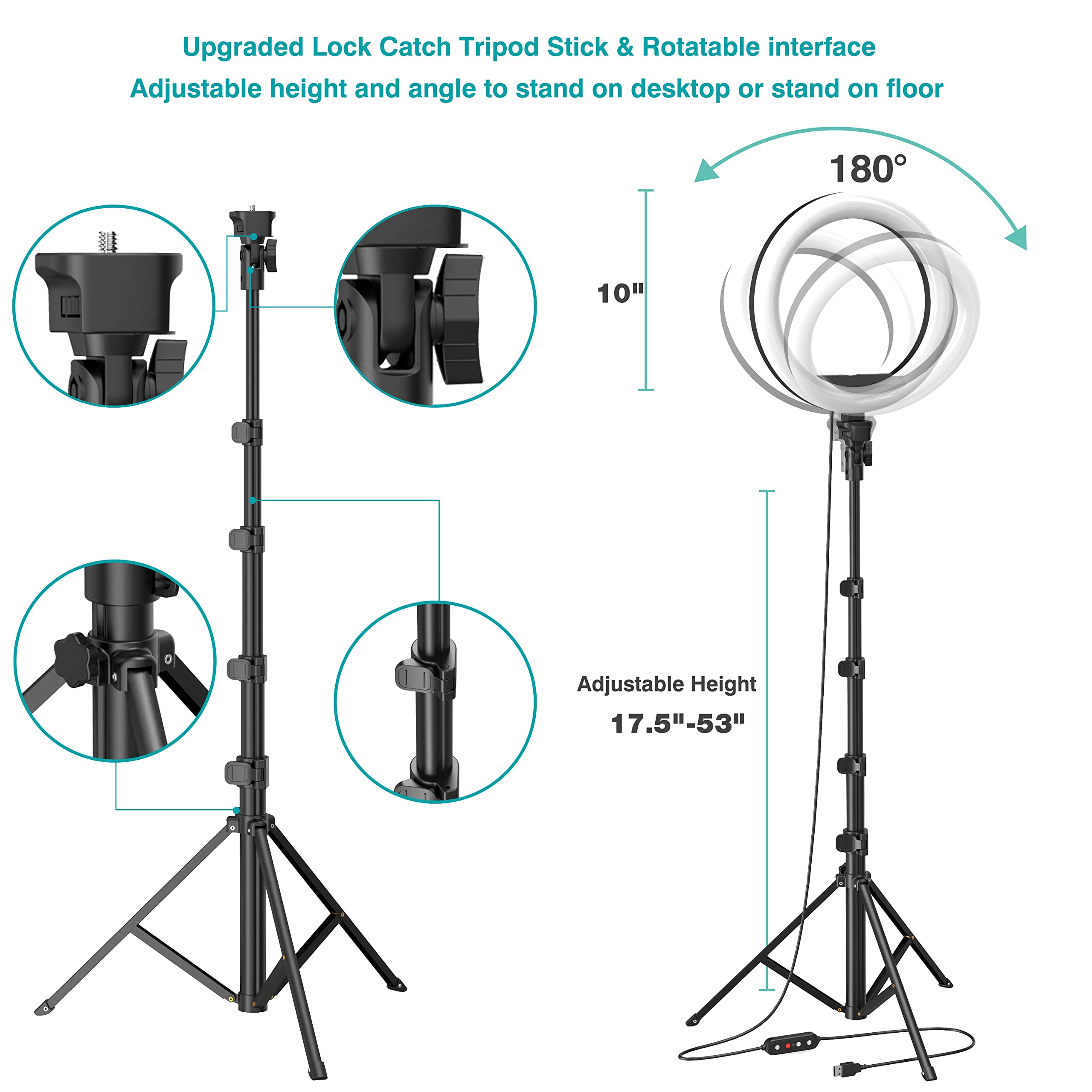 10" Ring Light with 53" Adjustable Tripod Stand & Phone Holder for Live Stream/Makeup, Upgraded Dimmable LED Selfie Ringlight for Tiktok/YouTube/Zoom Meeting/Photography,Compatible with iPhone/Android