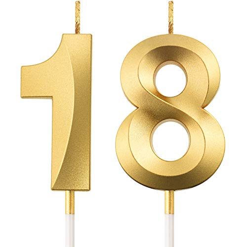 BBTO 18th Birthday Candles Cake Numeral Candles Happy Birthday Cake Topper Decoration for Birthday Party Wedding Anniversary Celebration Supplies (Gold)