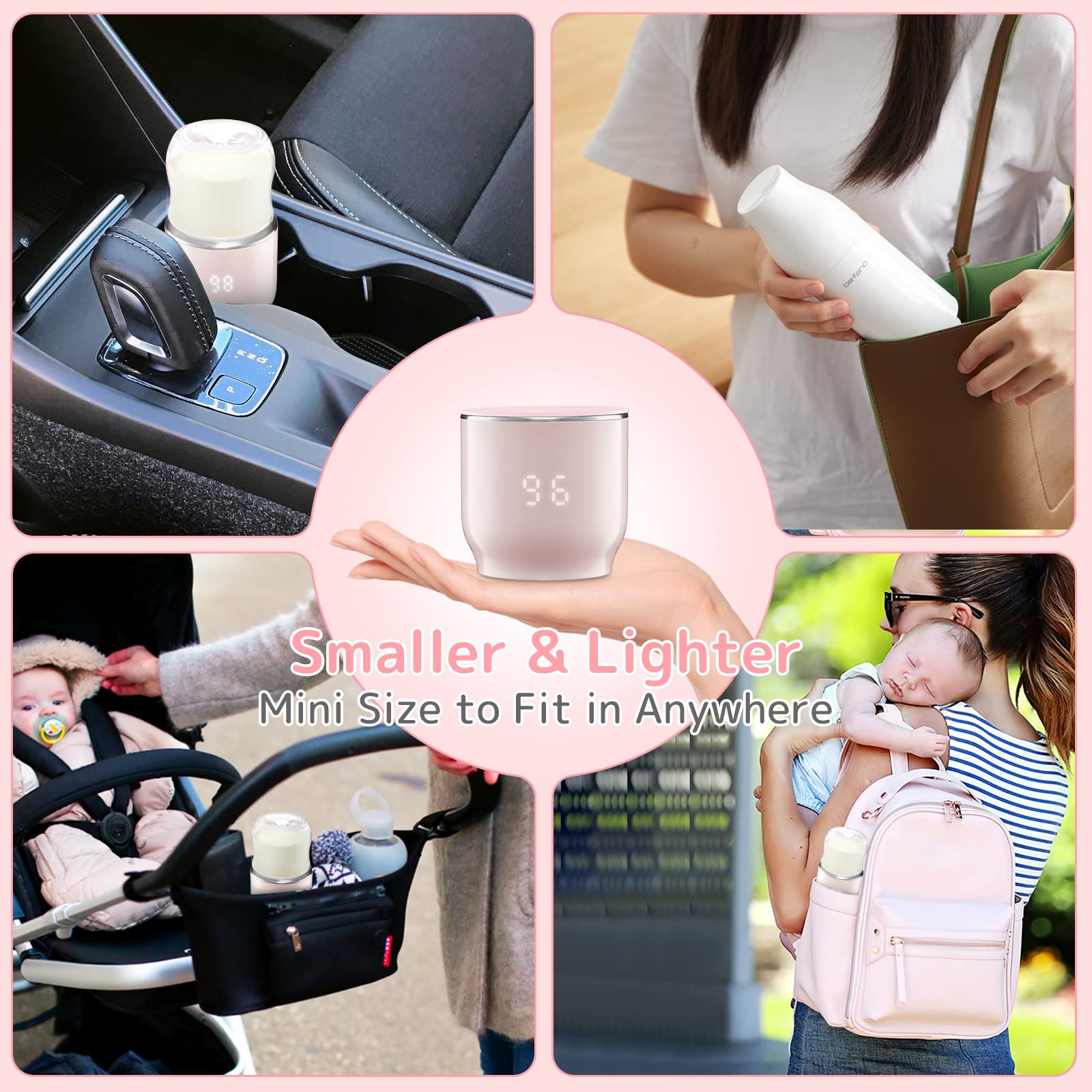 Befano Travel Bottle Warmer with Formula Dispenser, Leak-Proof Portable Bottle Warmer for Breastmilk and Formula. On The Go Baby Milk Warmer Set, Precise Instant Temperature Display, BPA Free - Pink