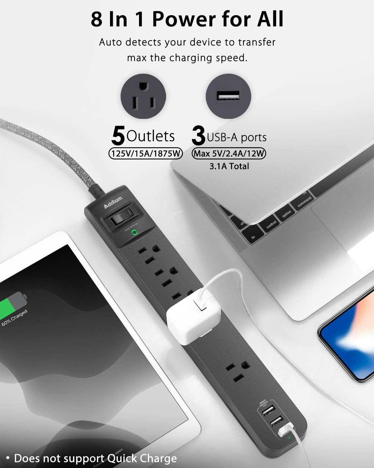 10 Ft Power Strip Surge Protector- 5 Outlets 3 USB Ports, Flat Plug Braided Extension Cord, Overload Surge Protection, Wall Mount for Hotel, Home and Office.