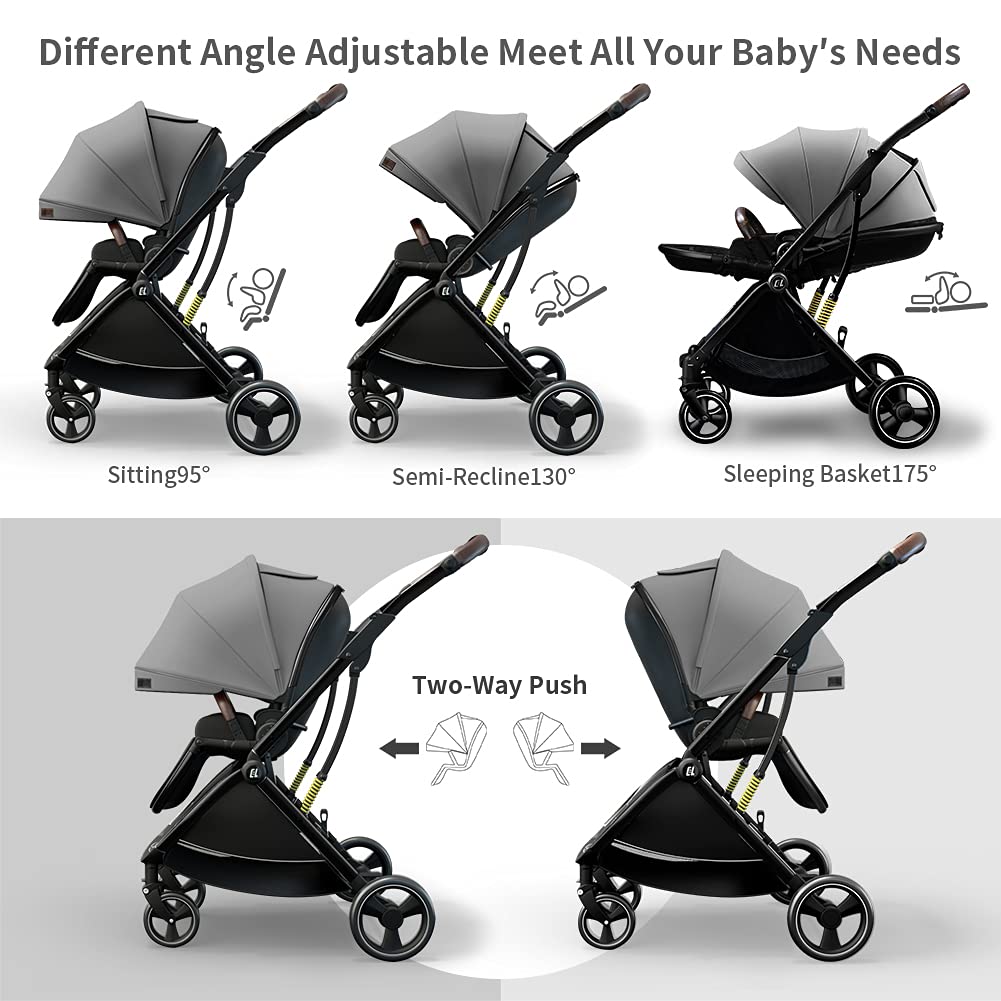 Coballe Lightweight Foldable Baby Stroller: 2 in 1 Infant & Toddler Pram Stoller in High Landscape with Convertible Reversible Bassinet | Pushchair with Adjustable Backrest Anti Shock(Gray)