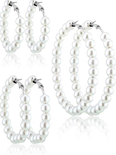 3 Pairs Pearl Hoop Earrings Pearl Earrings for Women Girl Brides Gift (Silver Earring Needle)
