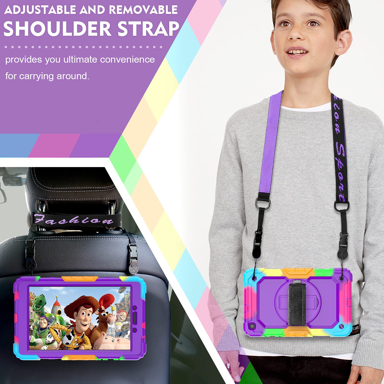 ausleben 2019 Case for Samsung Galaxy Tab A 8.0 inch case 2019,SM-T290/SM-T295.Full Body Protection Case with Built-in Screen Protector Pen Holder [360 Rotating Hand Strap] for T290 (Colourful)