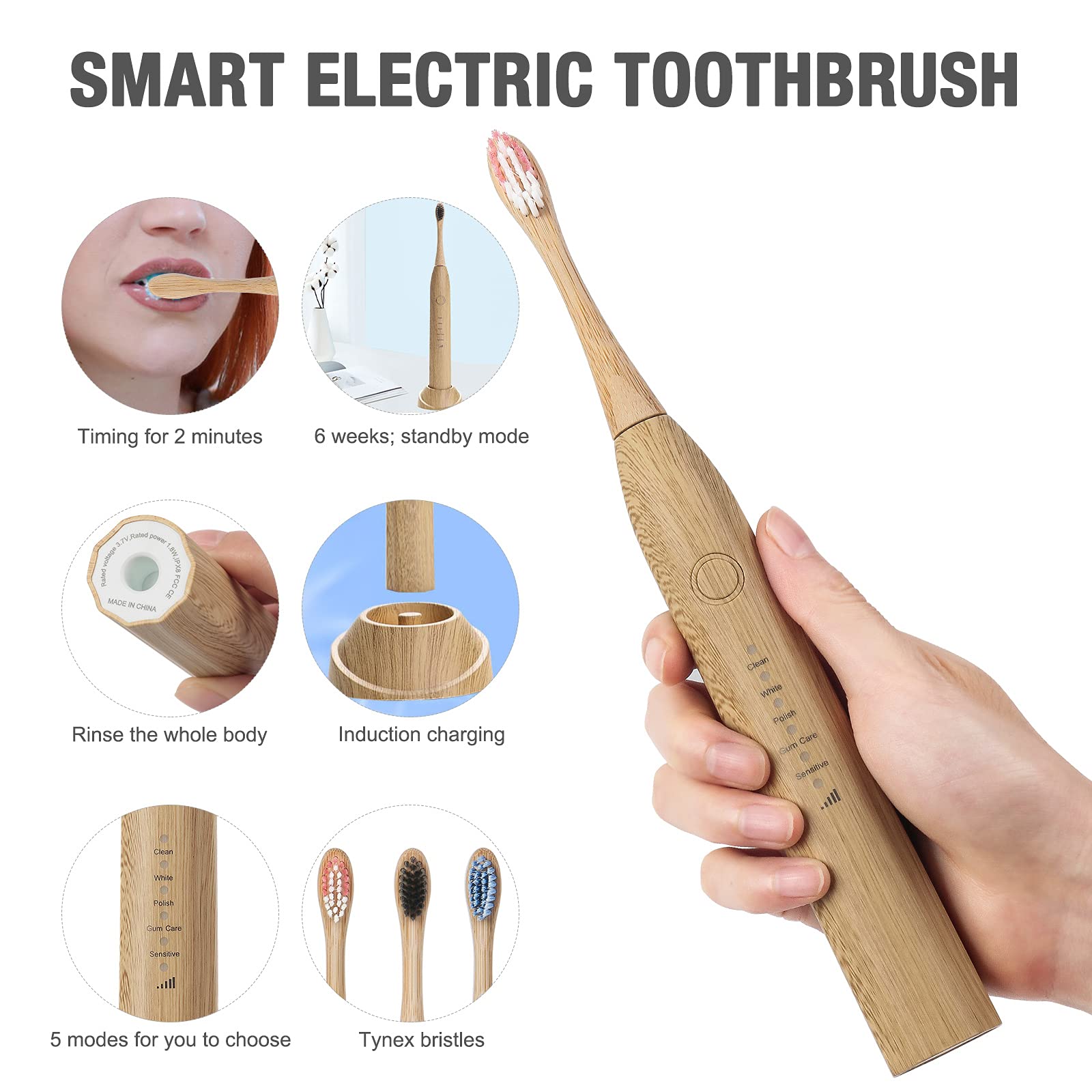 Electric Bamboo Toothbrush, Sonic Toothbrush IPX8 Waterproof, 2 Minute Timer, 3 Rechargeable and Replaceable Bamboo Toothbrush Head