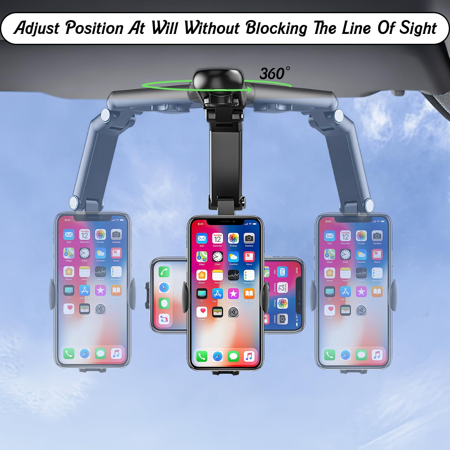 1080°Rotatable and Retractable Car Phone Holder,Sun Visor Phone Holder for Car,Multifunctional Rear View Mirror Phone Holder,Foldable 360 Rotating Cell Phone Mount for All Mobile Phones (Gray)