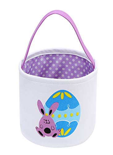 E-FirstFeeling Easter Basket Easter Bunny Basket for Kids Canvas Easter Egg Hunt Basket Easter Candy Toys Bucket Tote (Egg-Purple)
