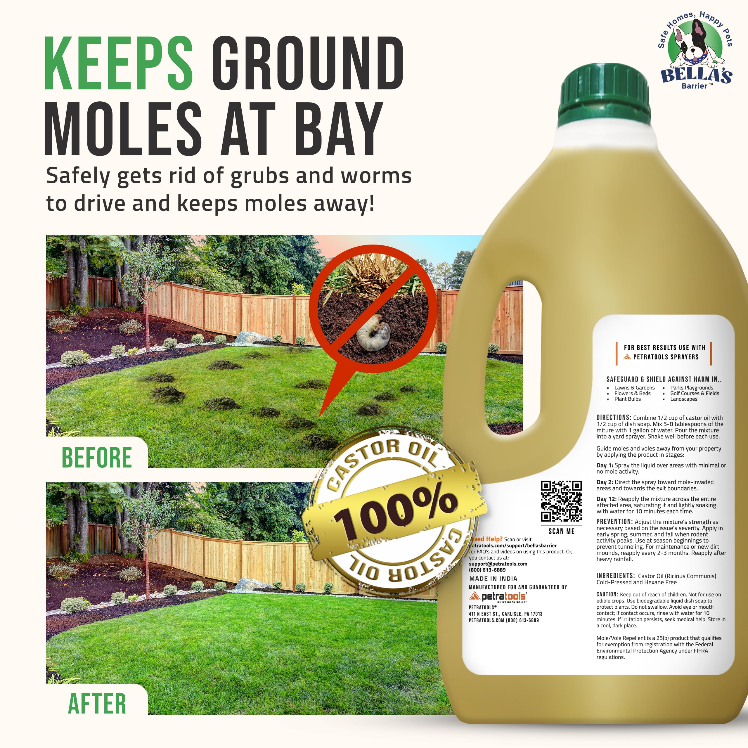 100% Castor Oil for Mole for Lawns Getting Rid of Ground Moles - Most Effective Way to Remove Gopher, Mole, Vole Castor Oil - Pet Safe, Food Grade (33.8 Fl Oz)