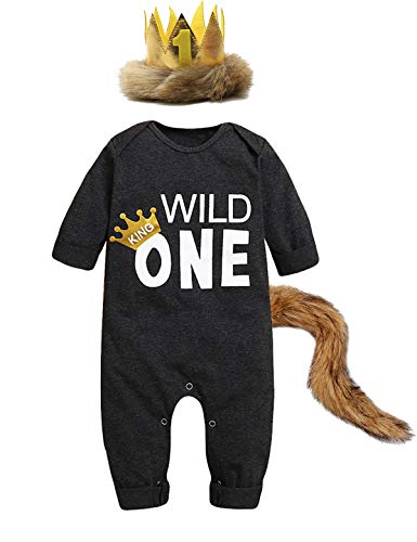 Baby Boy 1st Birthday Outfit Boy First Birthday Romper Wild One Birthday Outfits Boy (Dark Gray-Wild One Long, 12-18 Months)