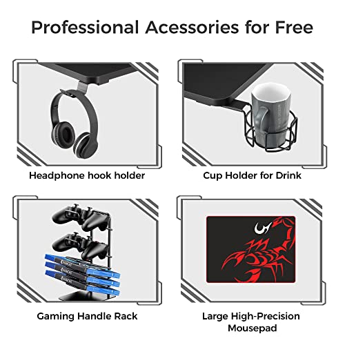 Eureka Ergonomic Gaming Desk 60 inch, Z-Shaped Carbon Fiber Surface Desktop Home Office PC Computer Desk with Mouse Pad, Ergonomic Large Gamer Table with Cup Holder and Headphone Hook for Gaming Room