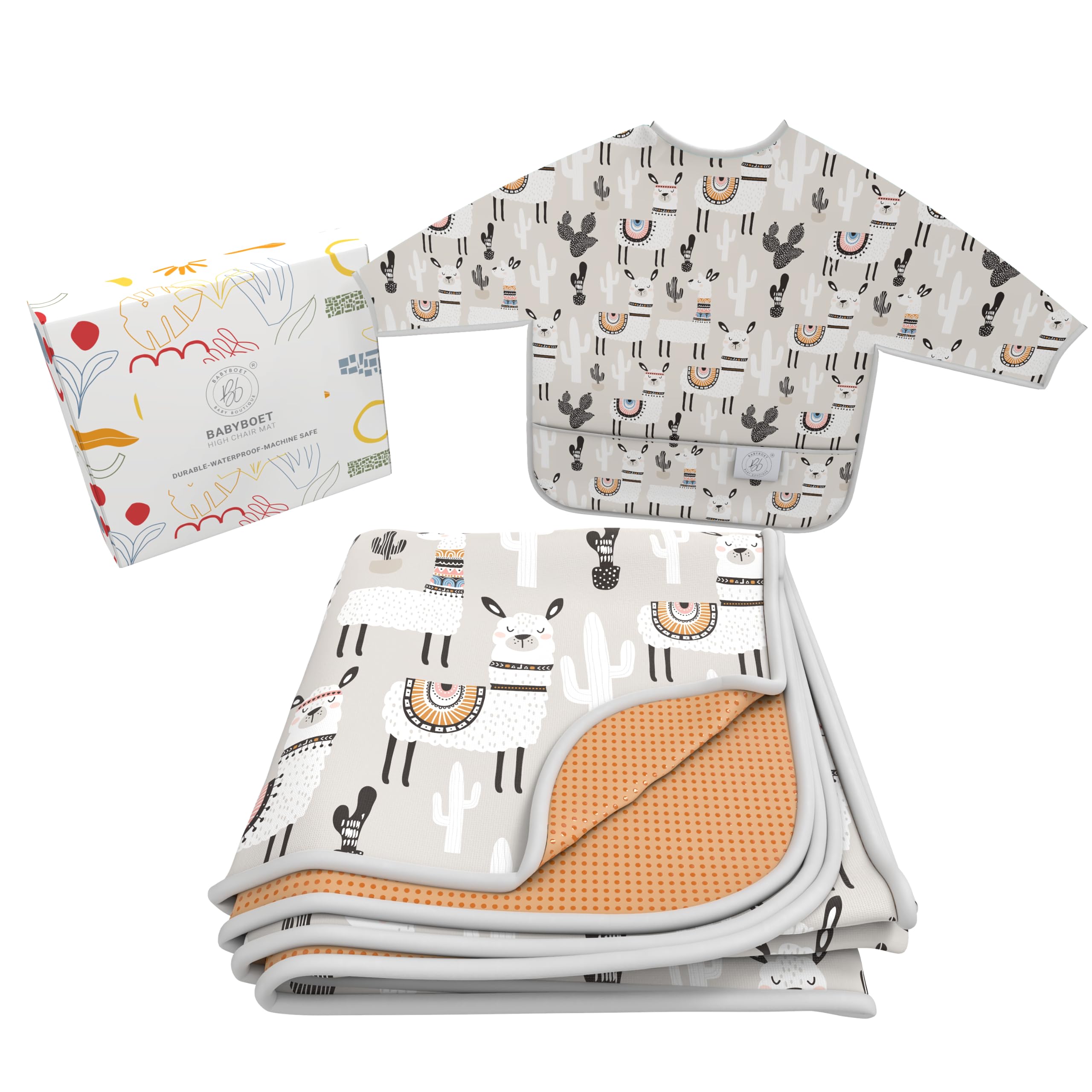 BABYBOET Splat Mat for Baby – Under High Chair Floor Mat Protects Wood, Vinyl and Carpet from Spills – Waterproof 4 Layer Baby Mat Bundle with Waterproof Matching Smock (51” x 51”)