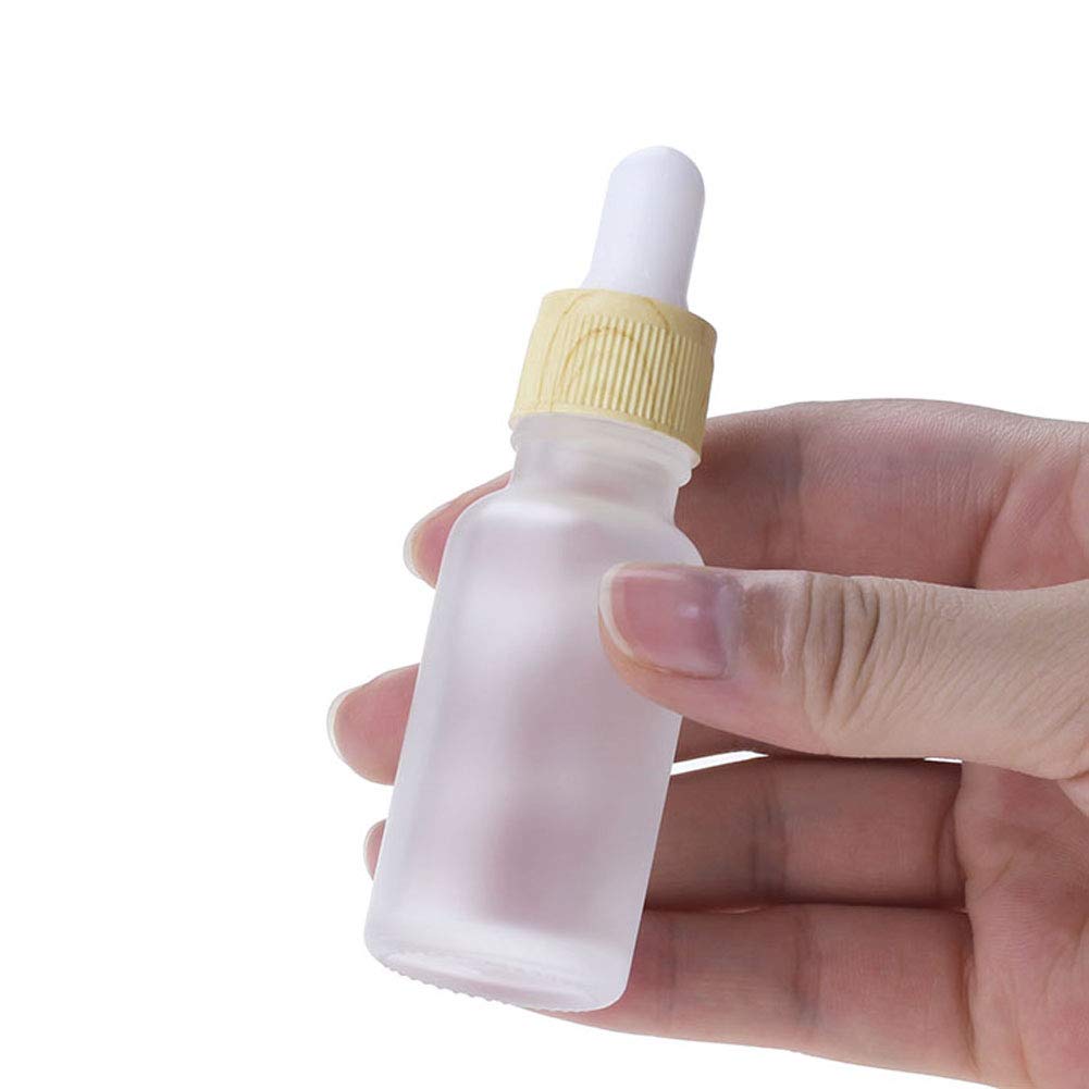 6Pcs 20ml Empty Refillable Translucent Frosted Glass Dropper Bottles Perfume Essential Oil Lotion Liquid Vials Container Sample Sub-bottles with Plastic Wood Grain Cap, 1 Funnel+1 3ml Transfer Dropper