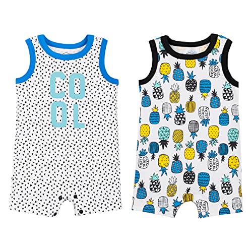 Lamaze Baby Boys' Super Combed Natural Romper, 1 Piece Coverall, Sleeveless Jumpsuit with Shorts, 2 Pack, Cool Blue and Black Pineapples, 6 Months