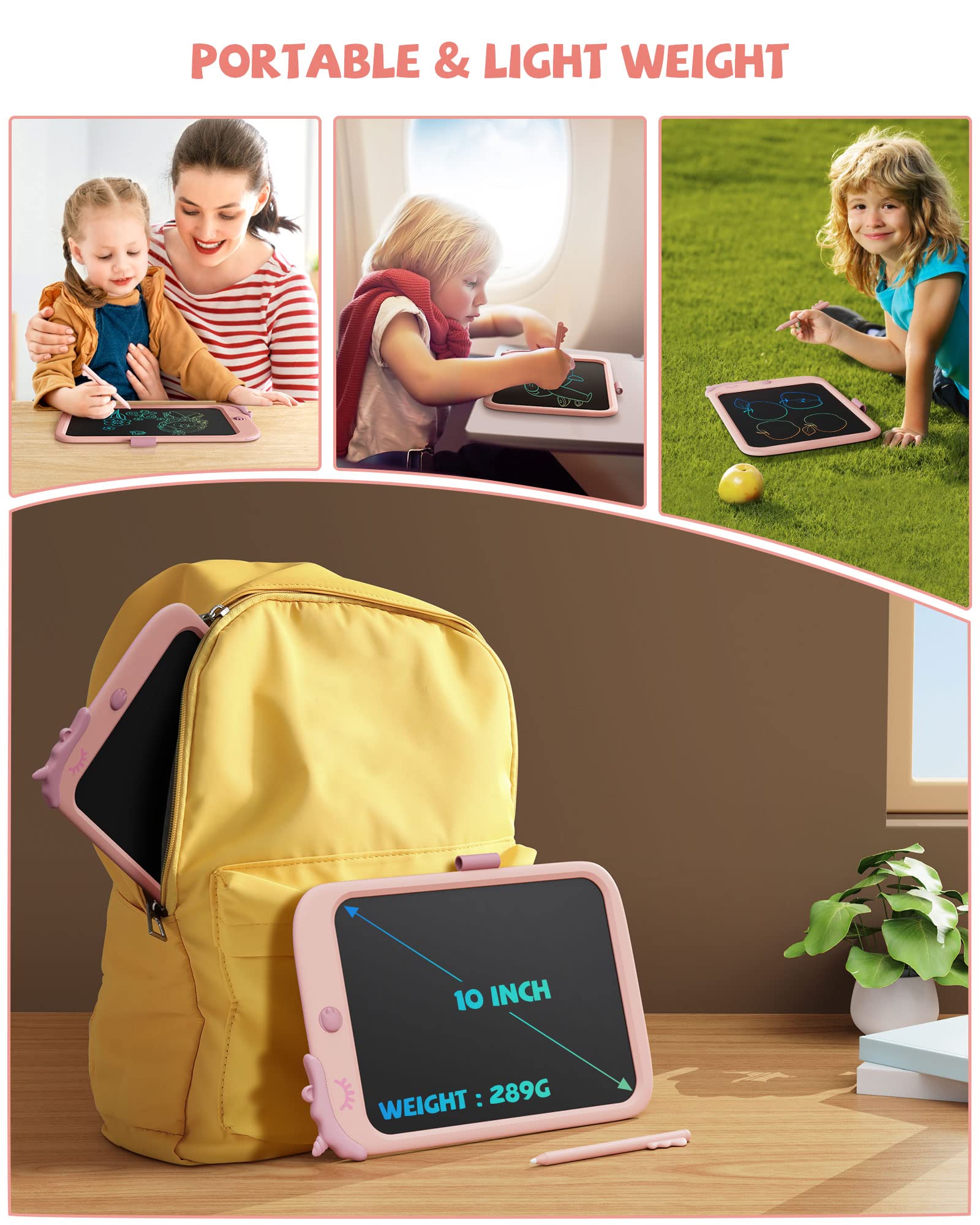 10 Inch Dinosaur Writing Tablet for Kids - Educational Travel Toy, Birthday Gift for 3-9 Year Old Boys and Girls (Pink)