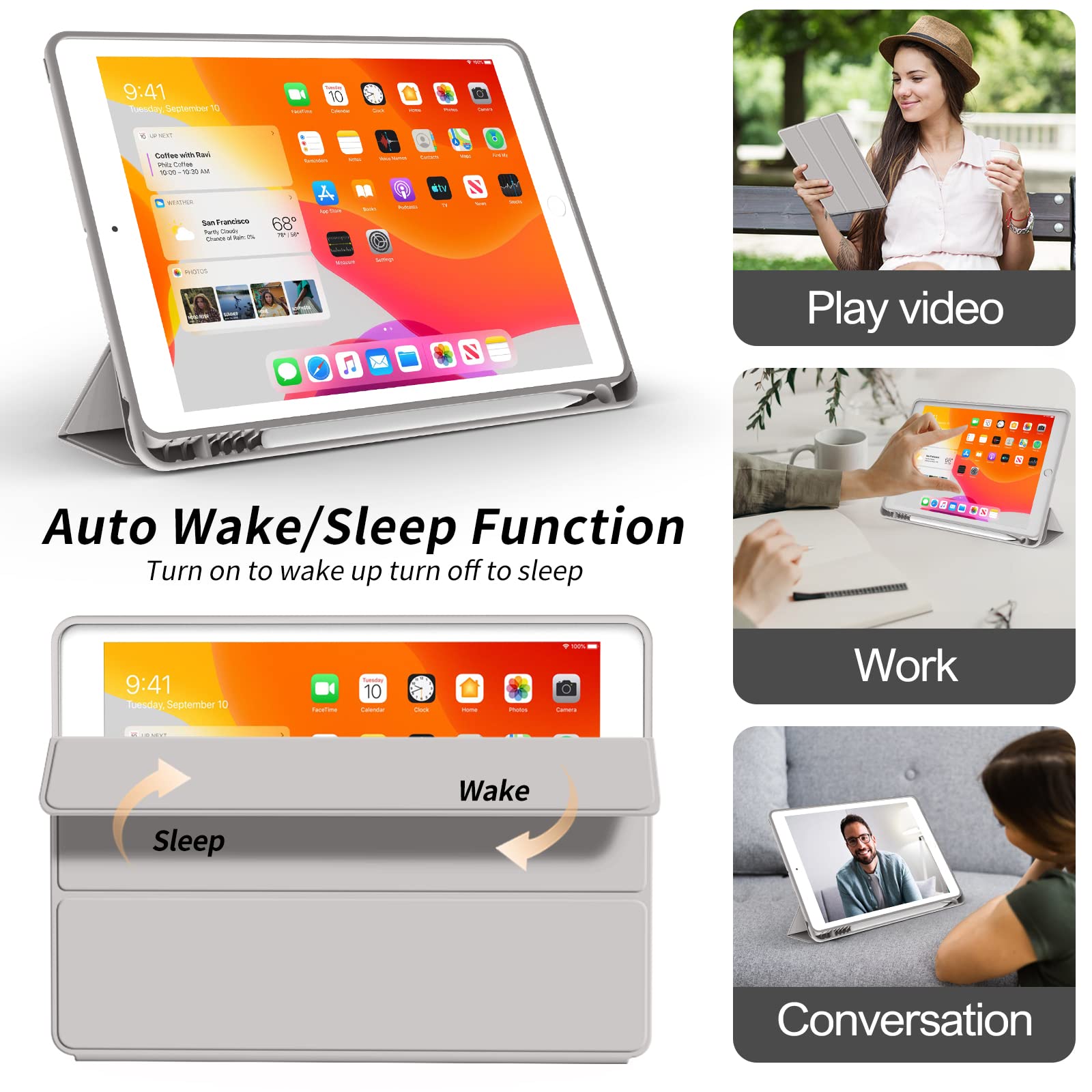Aoub Case for iPad 9th/8th/7th Generation 10.2 inch, Auto Sleep/Wake Slim Lightweight Trifold Stand Smart Cover, Soft TPU Back Case with Pencil Holder for iPad 10.2 2021/2020/2019, Grey