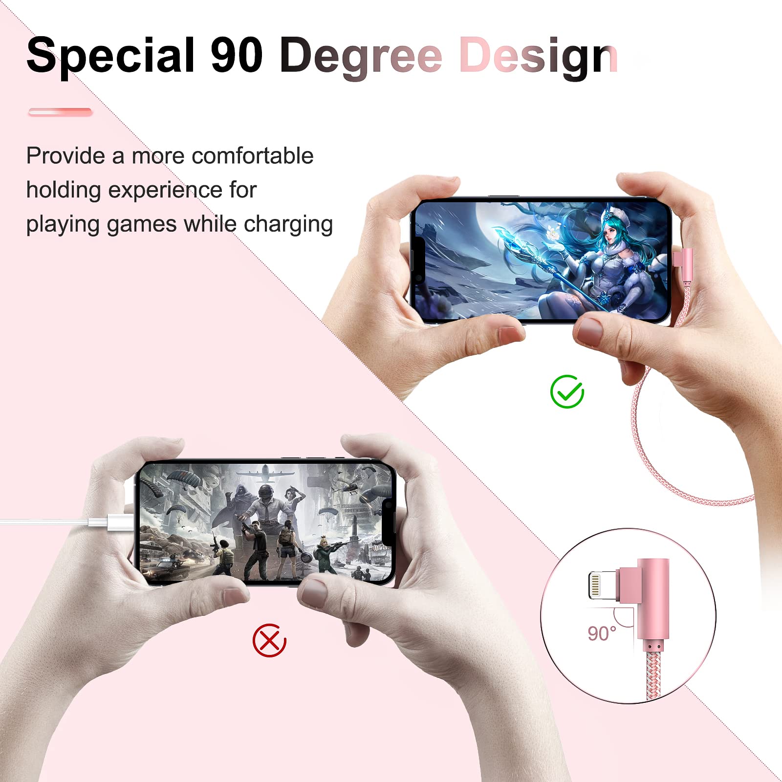 FOXSEA iPhone Charger 10FT, Right Angle Lightning Cable MFi Certified iPhone Charging Cord Nylon Braided Compatible with iPhone 14/13/12/11 Max/Pro Max/Mini/XS/XR/XS/X/8/7/iPad (Pink)