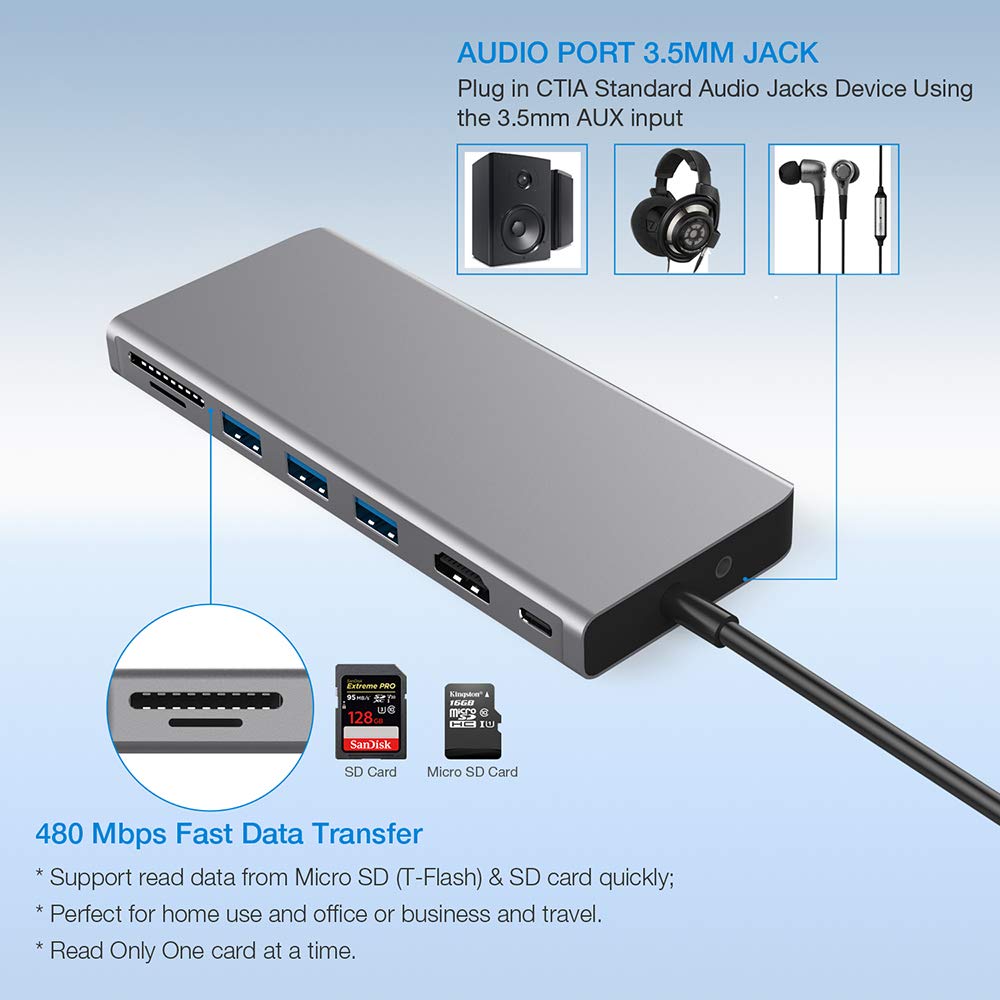 HRYHY USB C Hub, 9-in-1 USB C Adapter with 4K USB C to HDMI,USB C Charging, VGA, 2 USB 3.0, SD/TF Card Reader,Gigabit Ethernet, Compatible for MacBook Pro, XPS More Type C Devices