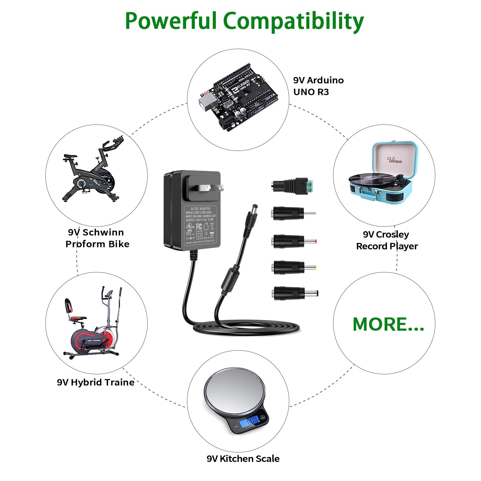 Gonine 9V DC Power Supply Cord, 9Volt 1.5A AC DC Adapter for 9Vdc Arduino UNO R3 Schwinn Bike A10 A20 Crosley Record Player CR8005A Center Positive DC Plug.