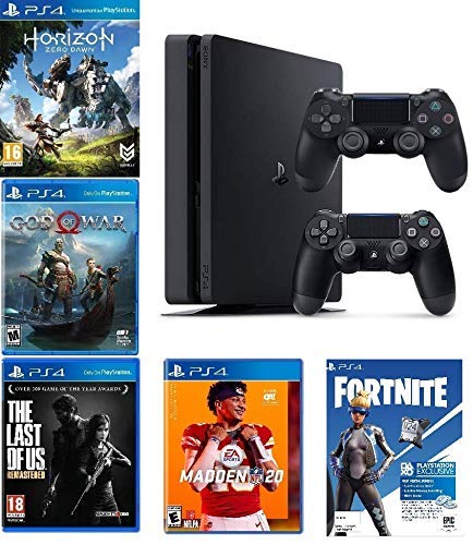 2019 Playstation 4 Slim PS4 1TB Console + Two Dualshock-4 Wireless Controllers + (Madden NFL 20, The Last of US, etc, Fortnite) Bundle (Renewed)