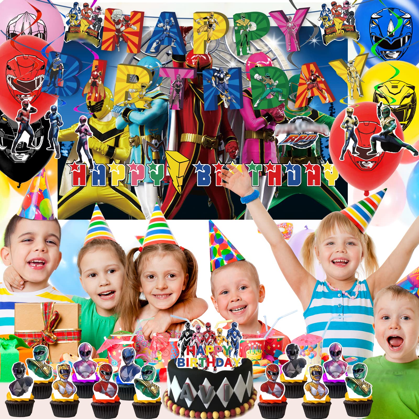109pcs Cartoon Party Suppliesincludes Birthday Banner, Cake Topper, Cupcake Toppers, Balloons, Tablecloth,Backdrop02