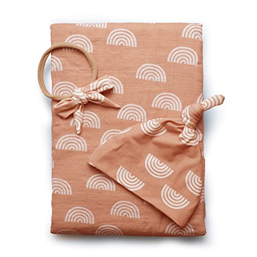 Miaoberry 100% Organic Cotton Muslin Baby Swaddle Blanket Set | Caramel Rainbow| Newborn Girl Unisex Neutral| Boho Vintage Rainbow Baby| Matching Hat Bow |