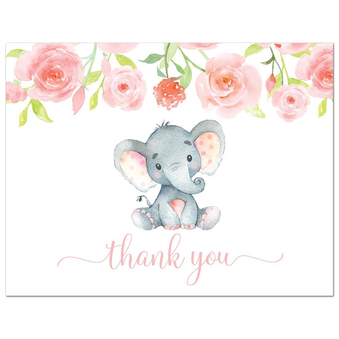 50 Pink Watercolor Floral Elephant Baby Shower Thank You Cards + Envelopes