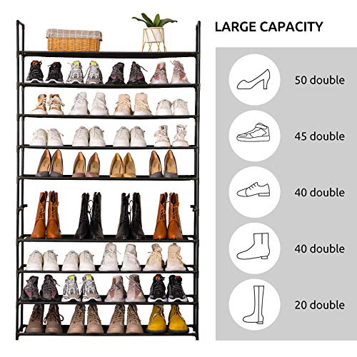 Apicizon 10 Tiers Shoe Rack, 50 Pairs Shoe Storage Organizer, Non-Woven Fabric Metal Shoe Shelf Tower, Shoe Rack Organizer for Closet/Entryway/Garage, Black