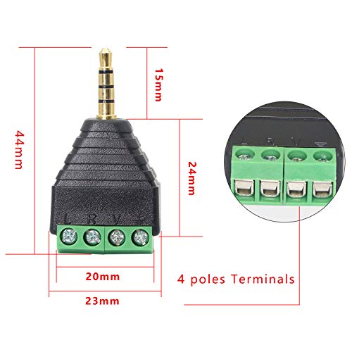 GELRHONR 3.5mm 4 Screw Terminal Adapter, 1/8 Inch 4 Pole Stereo TRRS Audio Plug Solderless Converter for Headphone Headset and Earphone(3-Pack)