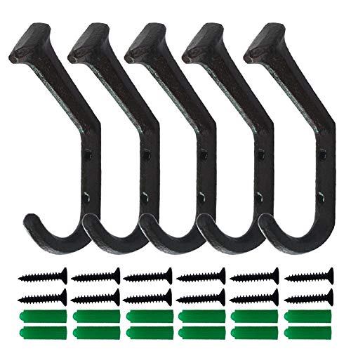 5 Pcs Cast Iron Coat Hooks for Wall Heavy Duty Rusty Nail Hooks for Hanging Coats Double Hooks Wall Mounted with 10 Screws for Keys, Towel, Bags, Scarf, Cup, Hat