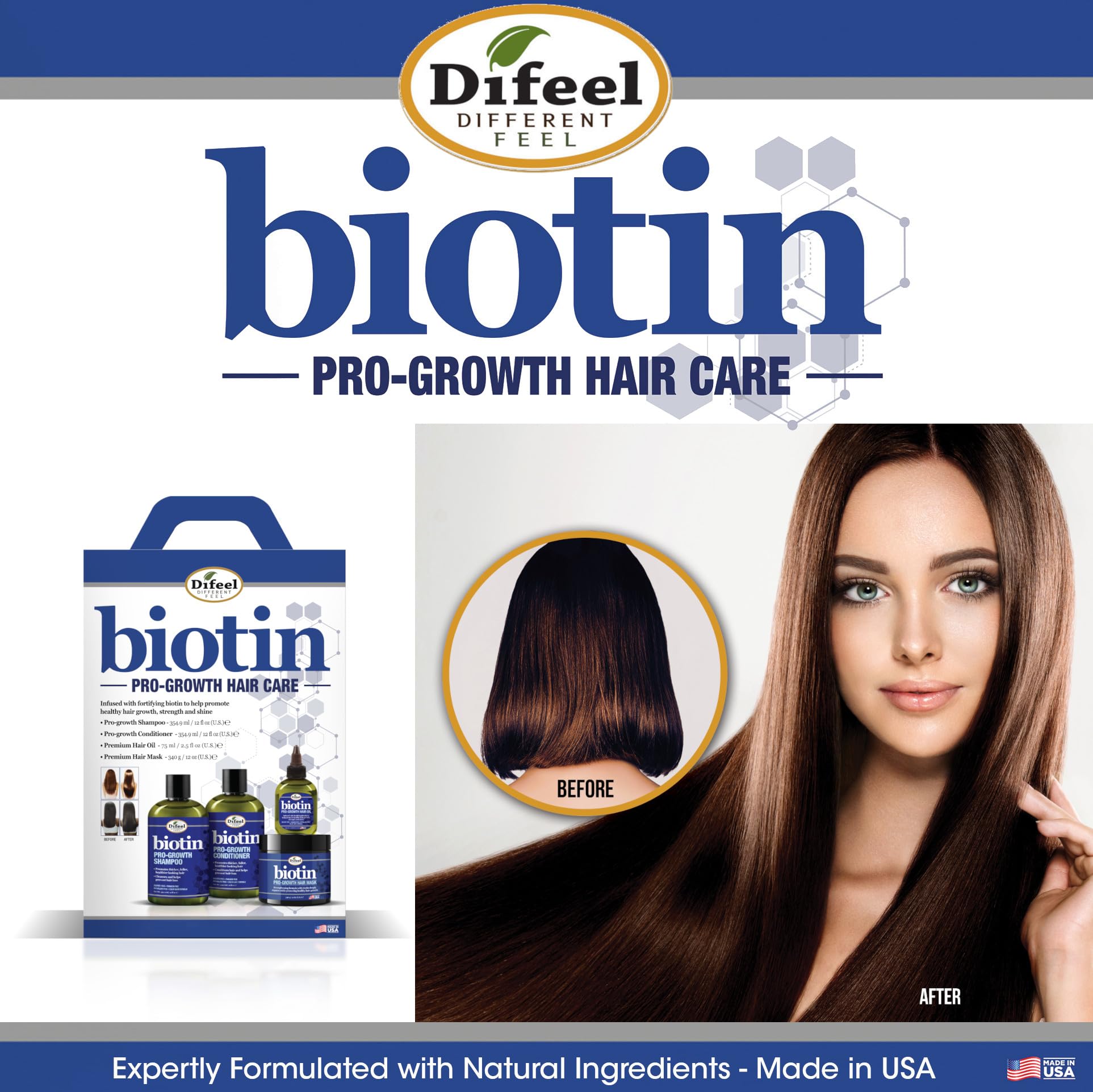 Difeel Pro-Growth Biotin Shampoo & Conditioner 2-PC Gift Set - Shampoo and Conditioner for Thinning Hair and Hair Loss, Paraben Free Shampoo & Conditioner