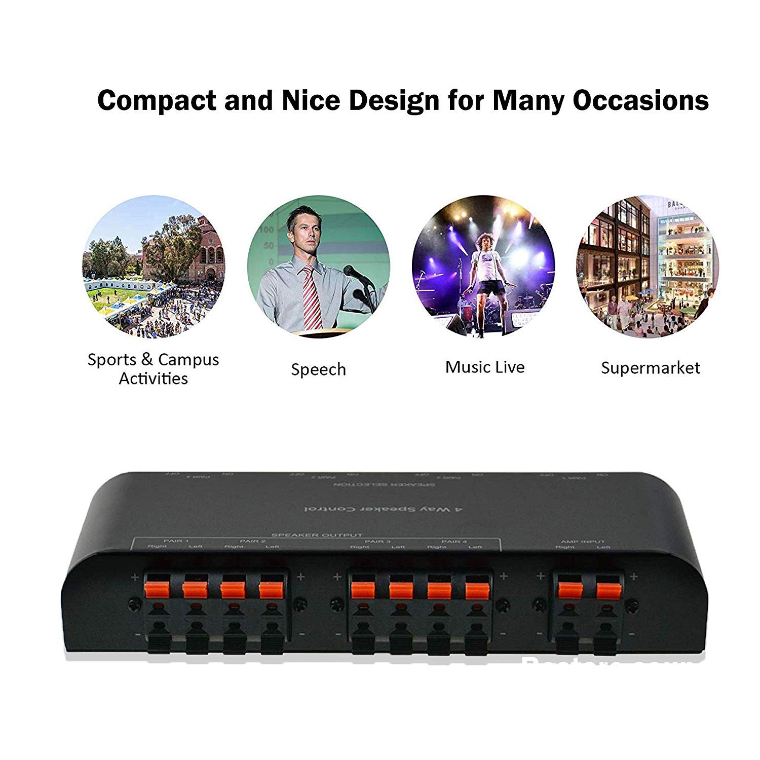 A ADWITS 4-Channel Speaker Switcher Selector Box with Terminal Claps 200W RMS Max 100W Switchable, Black