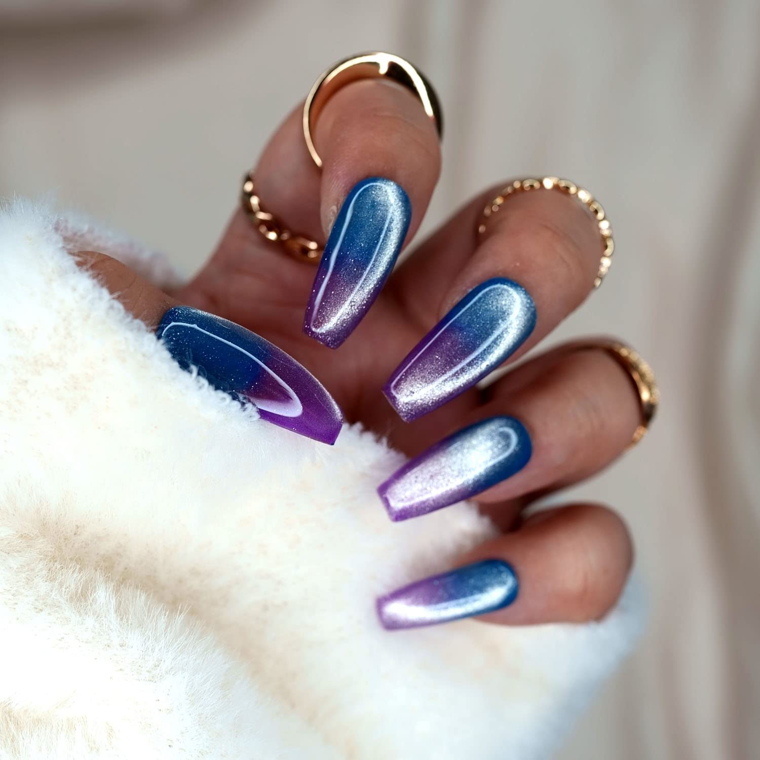 10 Pcs Handmade Press on Nails ( M, Ocean Spirit / Blue and Purple Ombre with Nano Silver Ring Cat Eye / Almond) A018M