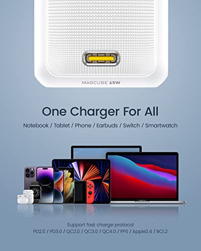 AOHI 65W PD USB C Charger, GaN+ Magcube Fast Wall Charger Power Adapter for iPhone 15/Plus/Pro/Pro Max,iPhone 14/Plus/Pro/12 Serise, Notebook MacBook Pro/Air, Galaxy S22/S21, White