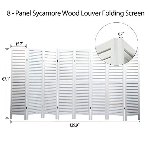 JAXPETY 8 Panel Wood Louvered Room Divider, 5.6 Ft Tall Oriental Folding Freestanding Privacy Screen Room Dividers for Home, Office, Bedroom (White)