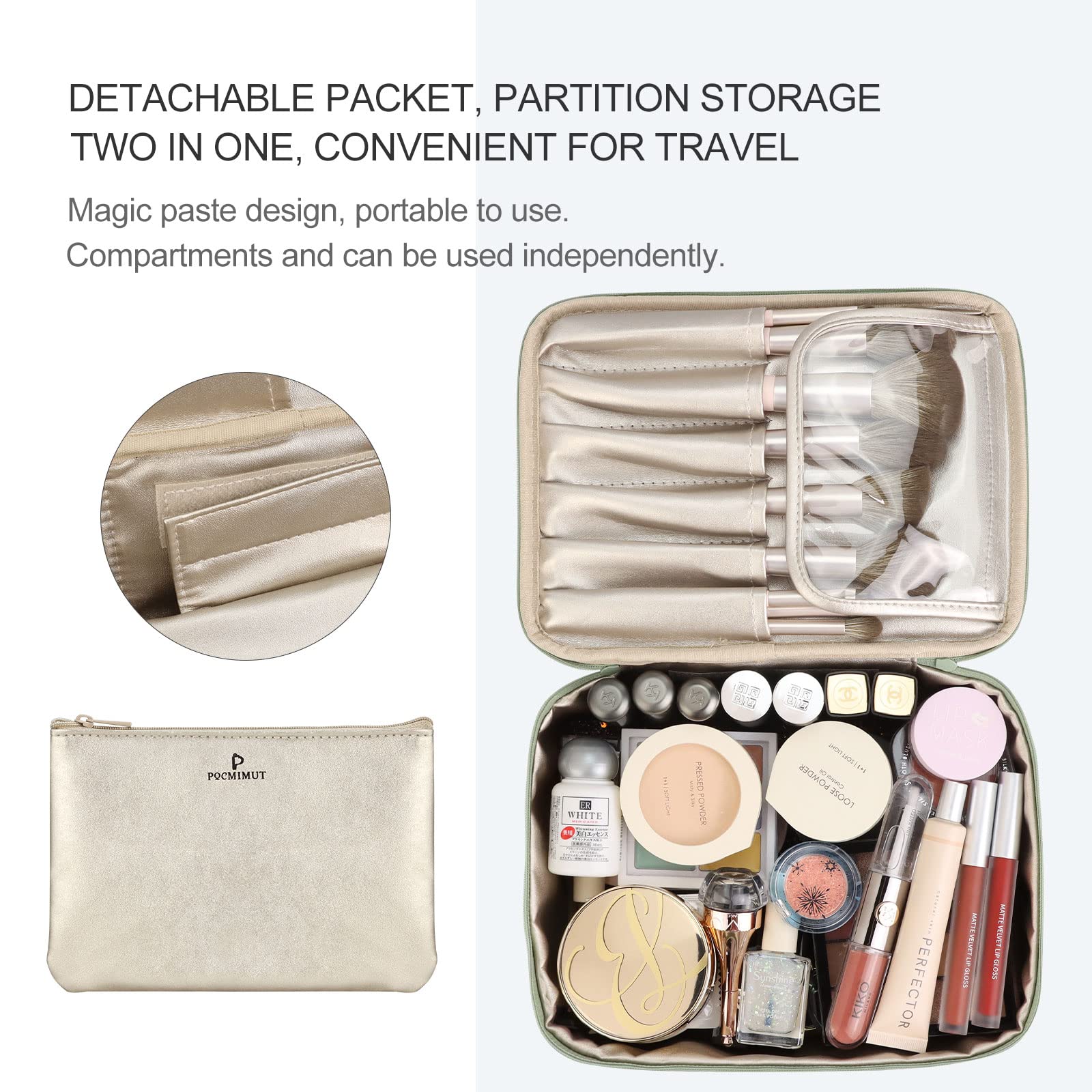 Pocmimut Makeup Bag,Cosmetic Bag for Women Travel Make Up Bag with Brush Compartment for Women(Green)