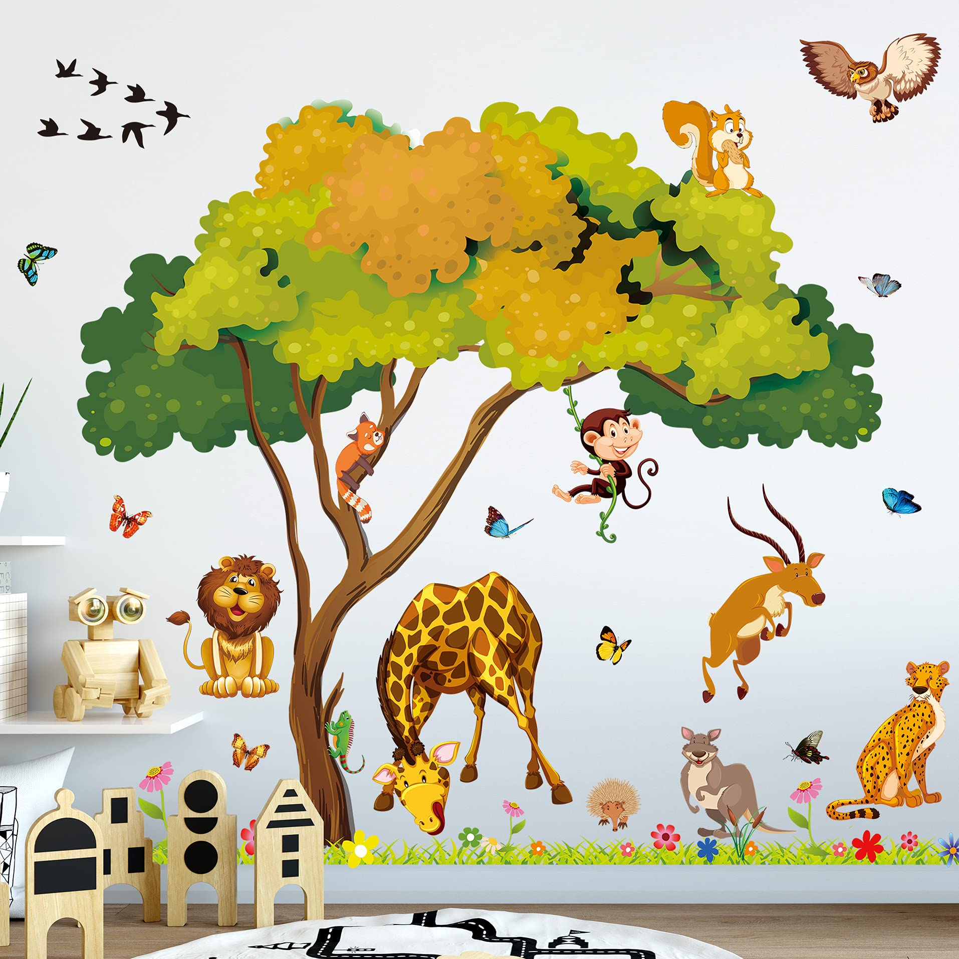 Jungle Animal and Tree Wall Decals Removeable DIY Flower Lion Giraffe Owls Wall Sticker Peel and Stick Wall Decor for Nursery Kids Room Bedroom Living Room
